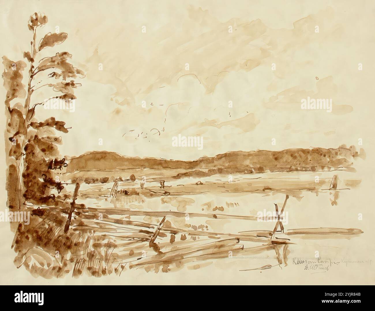 Finch, Alfred William, work, Kymijoelta, sepia layering, drawing, 29 cm ...