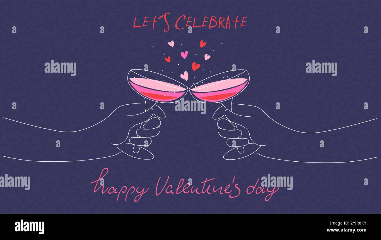 Valentines day greeting card with two hands toasting with pink ...