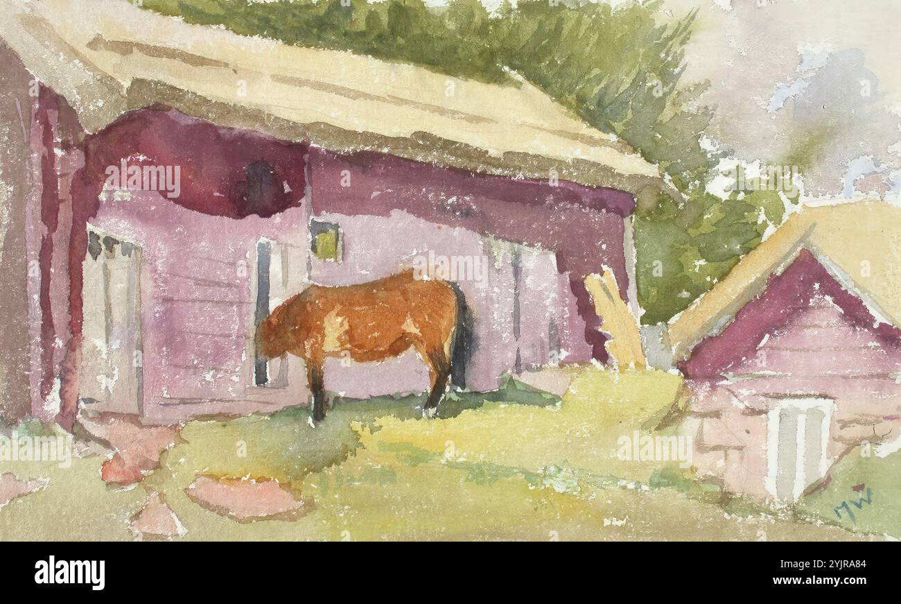 Wiik, Maria, work, Horse by the shed, watercolor, painting, 14 cm x 23 ...