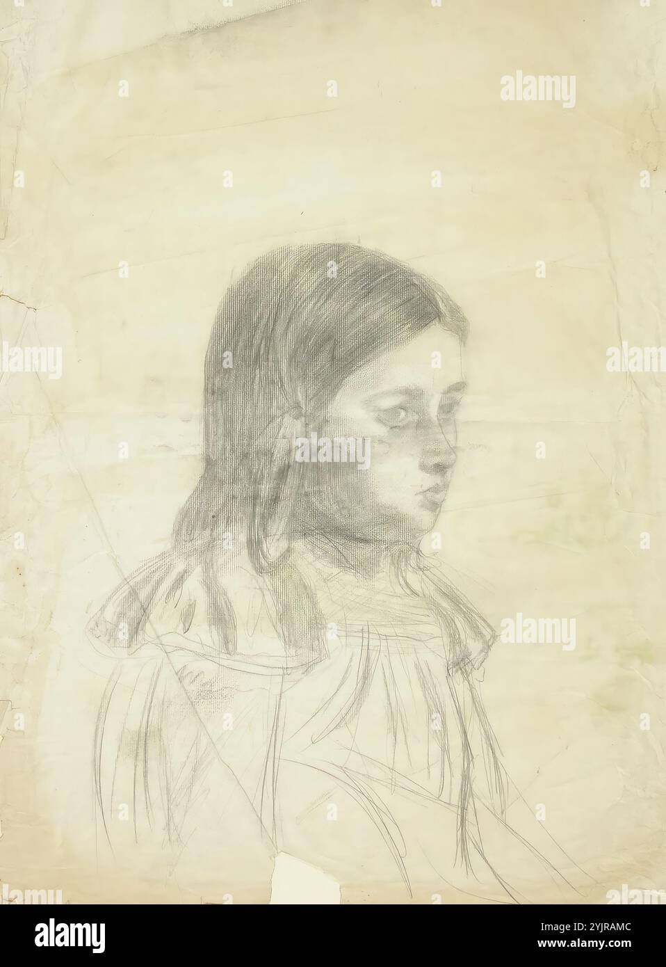 Edelfelt, Albert, work, Portrait of a young girl, pencil, drawing, 62 ...