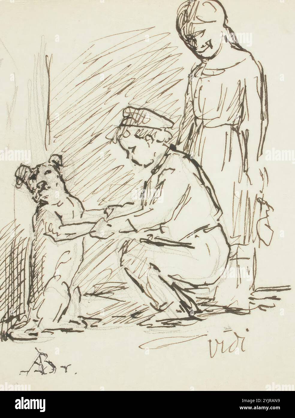Becker, Adolf von, work, Two children playing with a dog, marker and ...