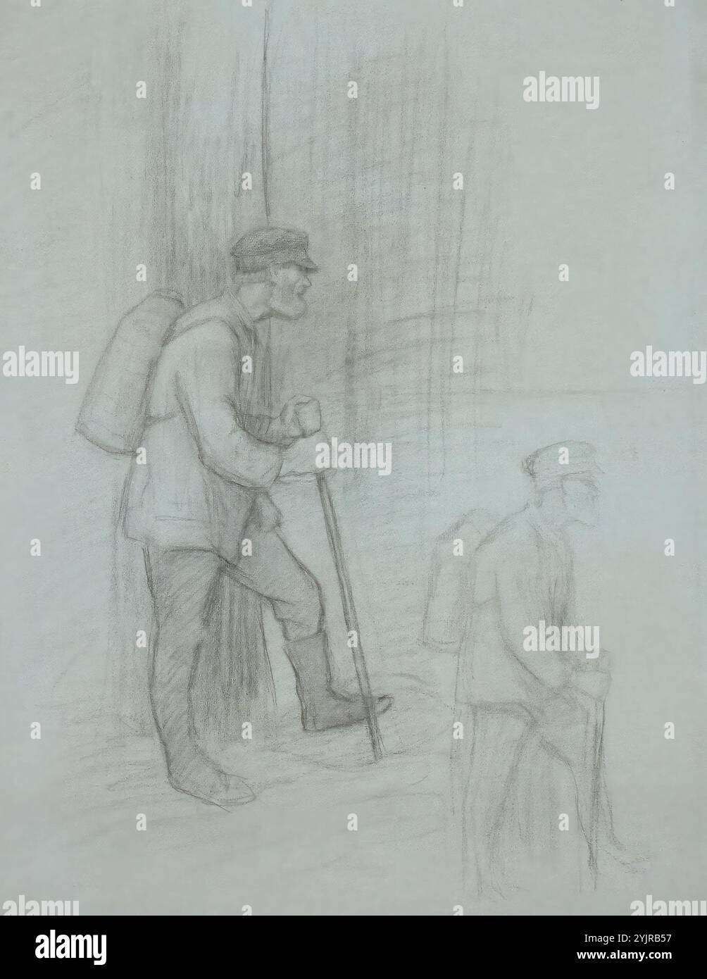 Wiik, Maria, Astuva ukko, stick in hand, container on back, black chalk ...