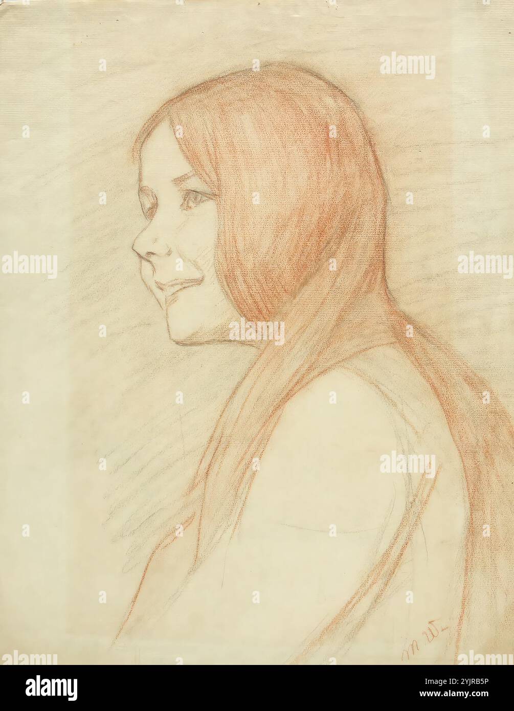 Wiik, Maria, Smiling girl's head, in half-page view, red chalk, drawing ...
