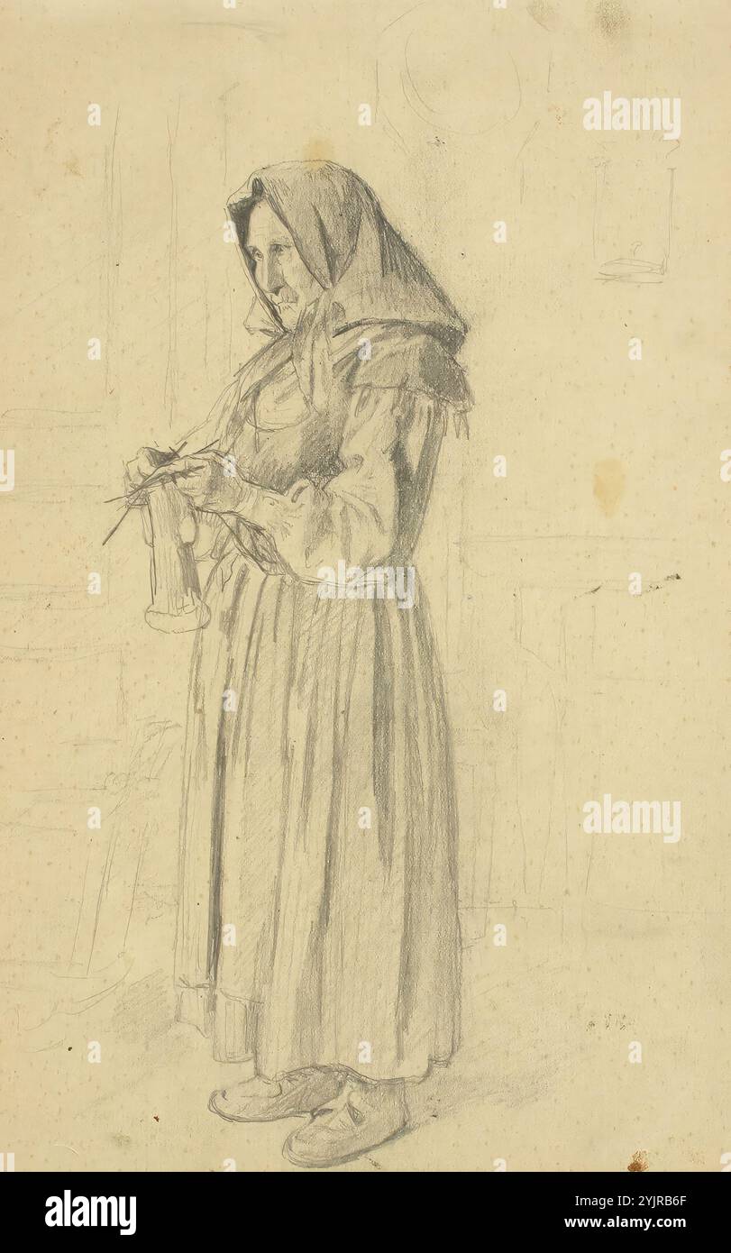 Becker, Adolf von, Standing old woman weaving a sock, sketch undated ...