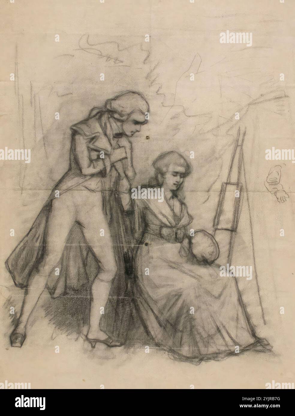 Edelfelt, Albert, work, Man and woman in front of an easel, charcoal ...