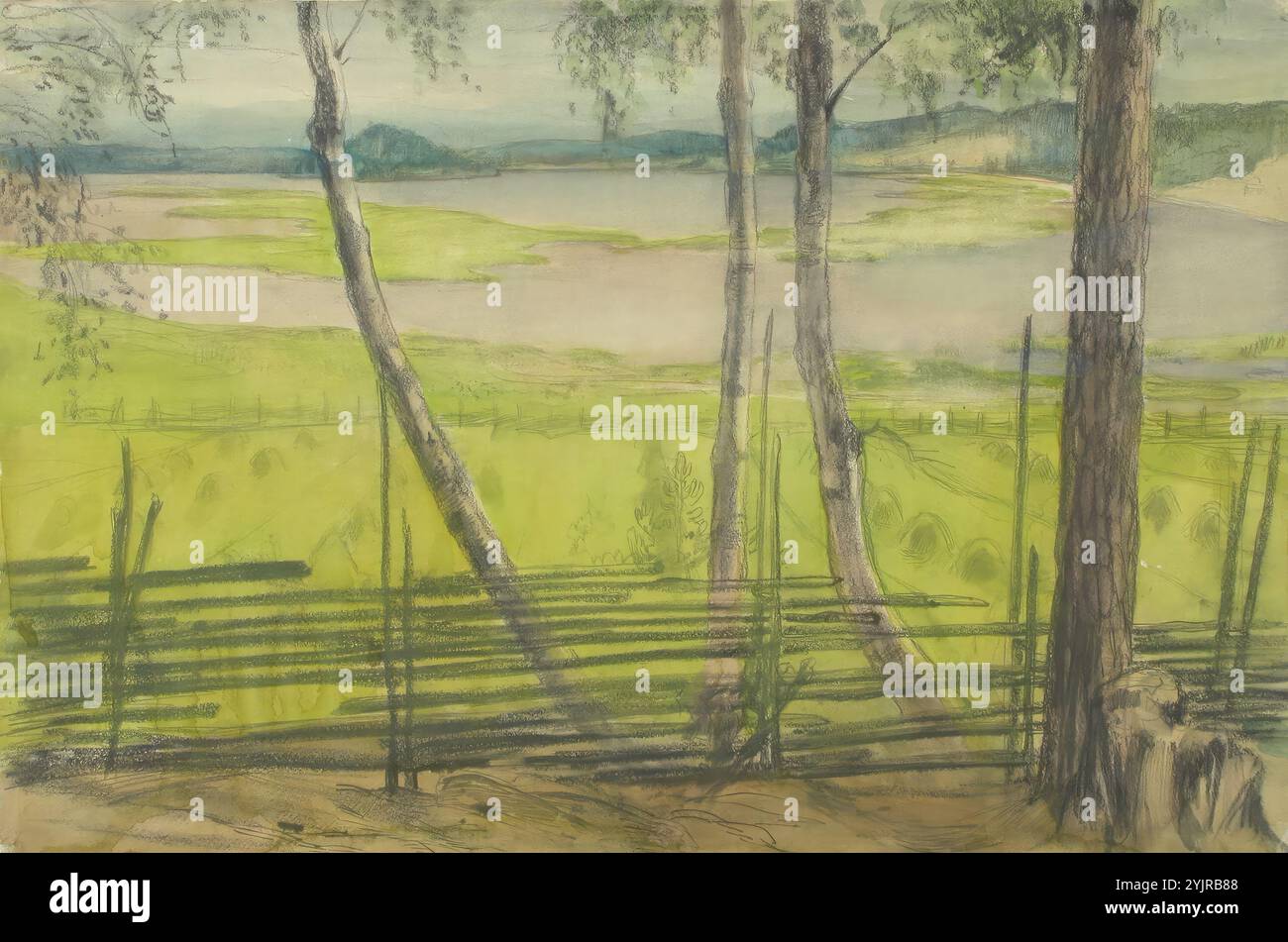 Edelfelt, Albert, Summer landscape, colored charcoal drawing, drawing ...