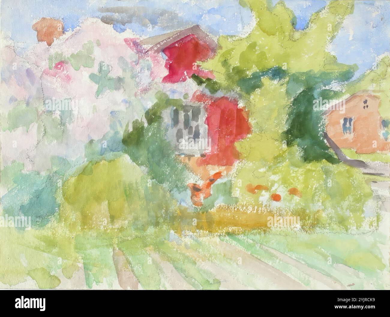 Wiik, Maria, Buildings among trees, fields in the foreground ...