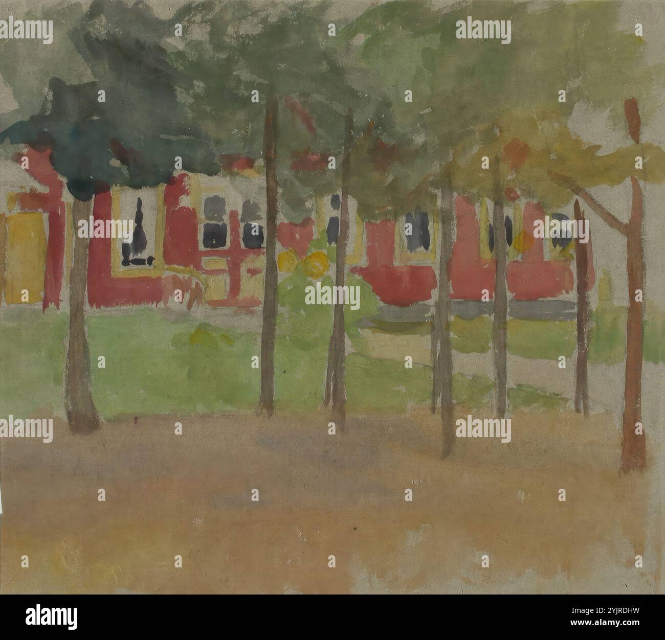 Wiik, Maria, work, Red building between trees, watercolor, painting, 31 ...