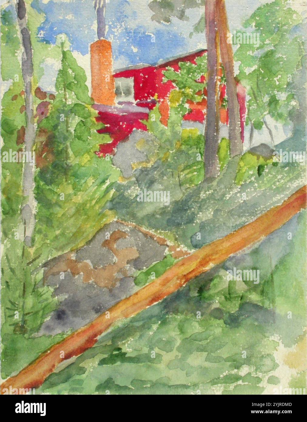 Wiik, Maria, work, Red building on a rock between trees, watercolor ...