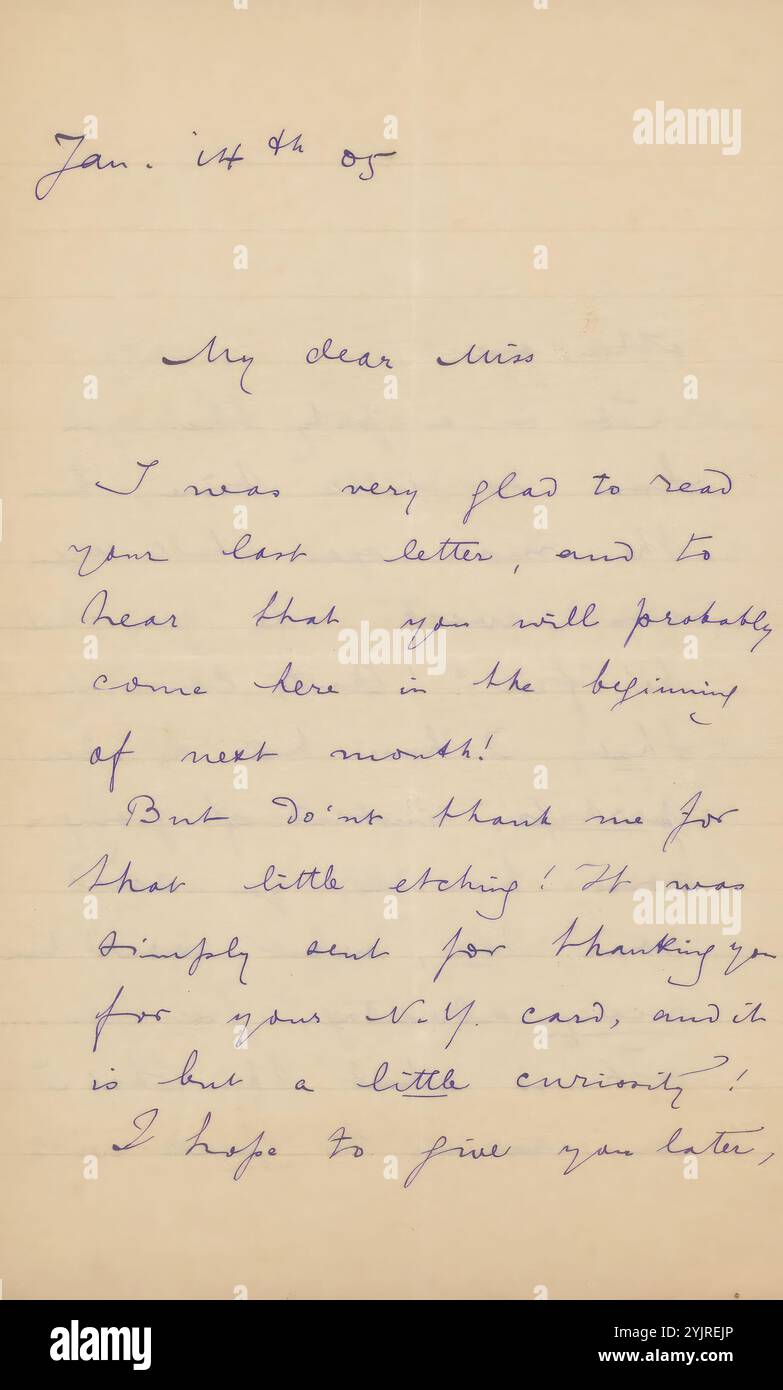 Letter to Elsie Maud Cownie, writer: Philip Zilcken, 14-jan-1905, lined ...