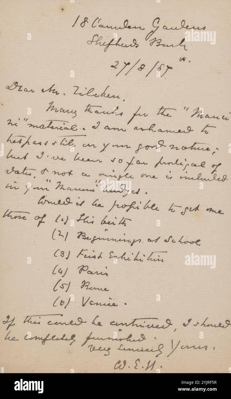 Letter to Philip Zilcken, writer: William Ernest Henley, Shepherd's ...