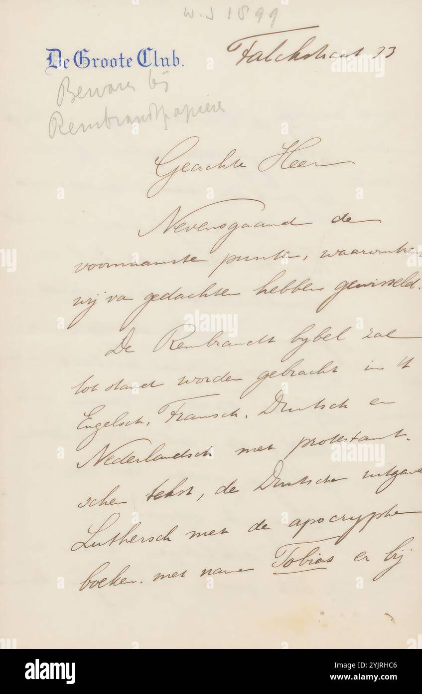 Letter to Jan Veth, letter dated probably 1899 in later hand., writer ...