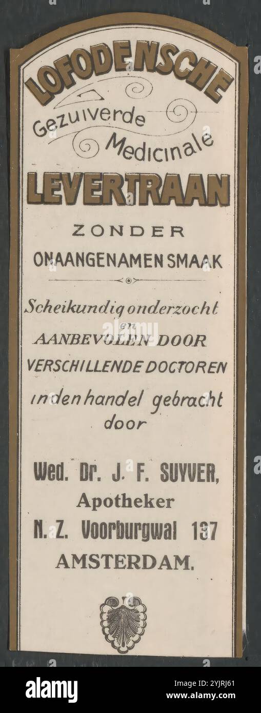 Pharmacist's label for cod liver oil, print label, verso, stamped: 'R ...