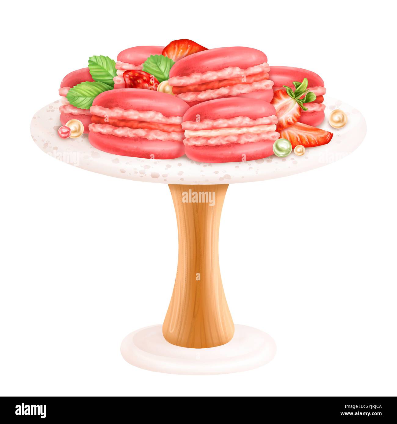 Homemade macaroons standing on a dessert stand decorated with ...