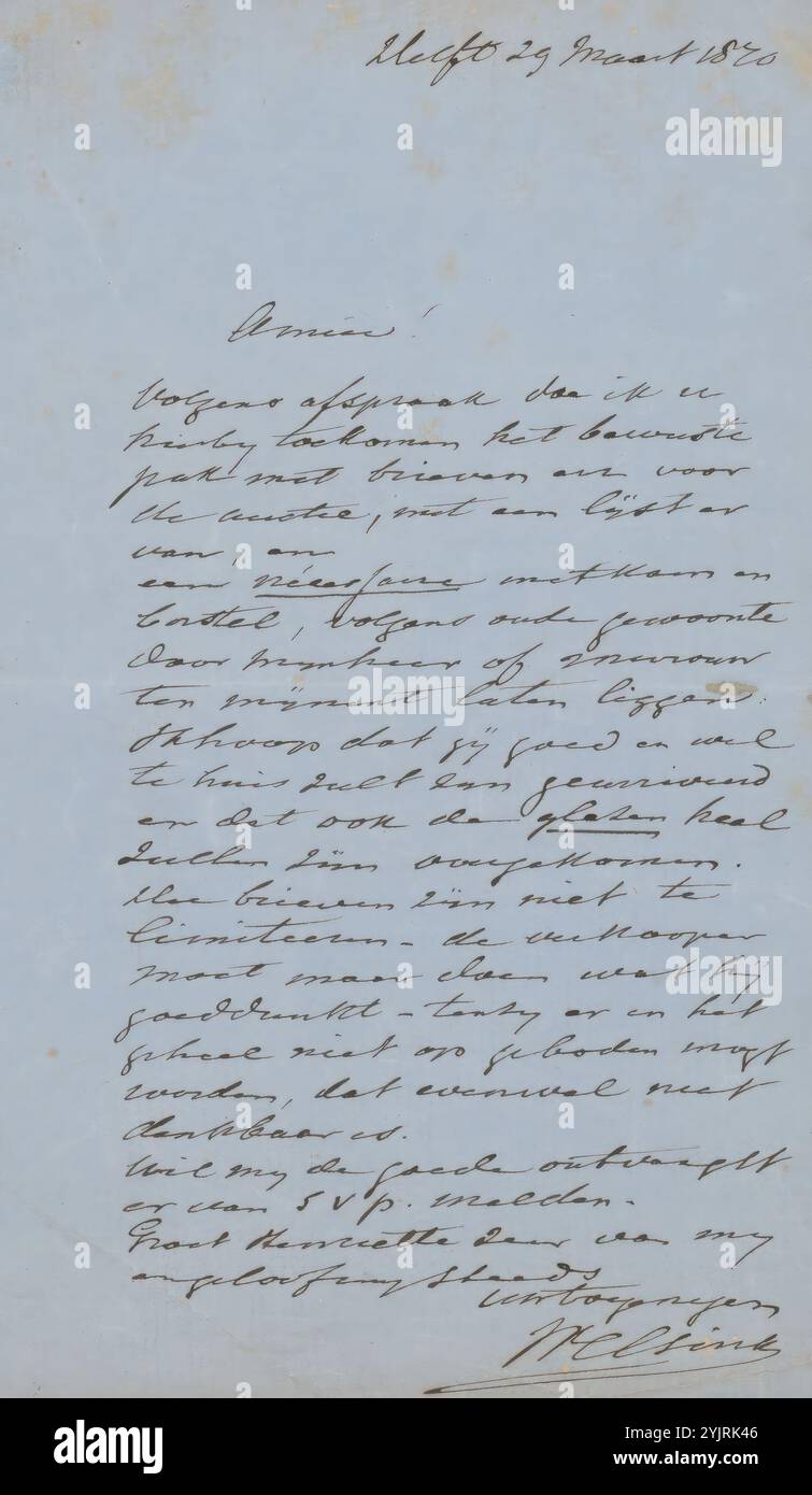 Letter to anonymous, writer: Hermanus Welsink, Delft, 27-Mar-1870 ...