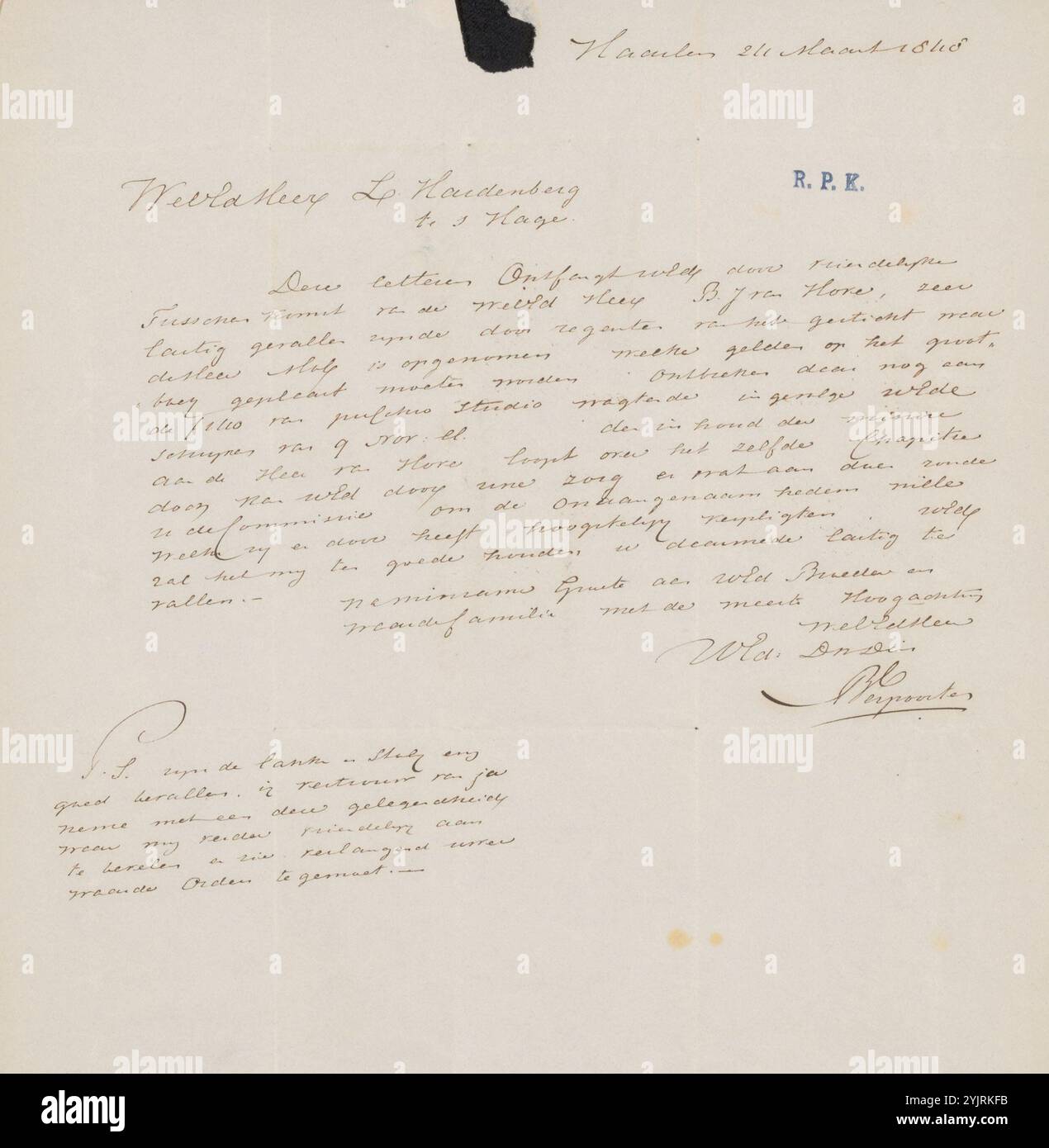 Letter to Lambertus Hardenberg (1822-1900), writer: B. Verpoorten ...