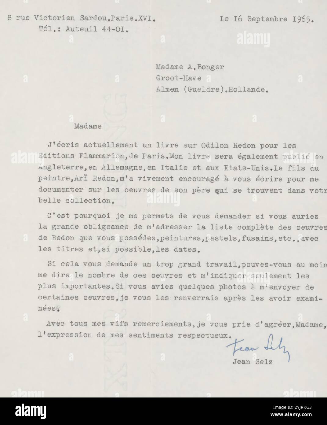 Letter to Françoise W.M. Bonger, printed, writer: Jean Selz, Paris, 16 ...