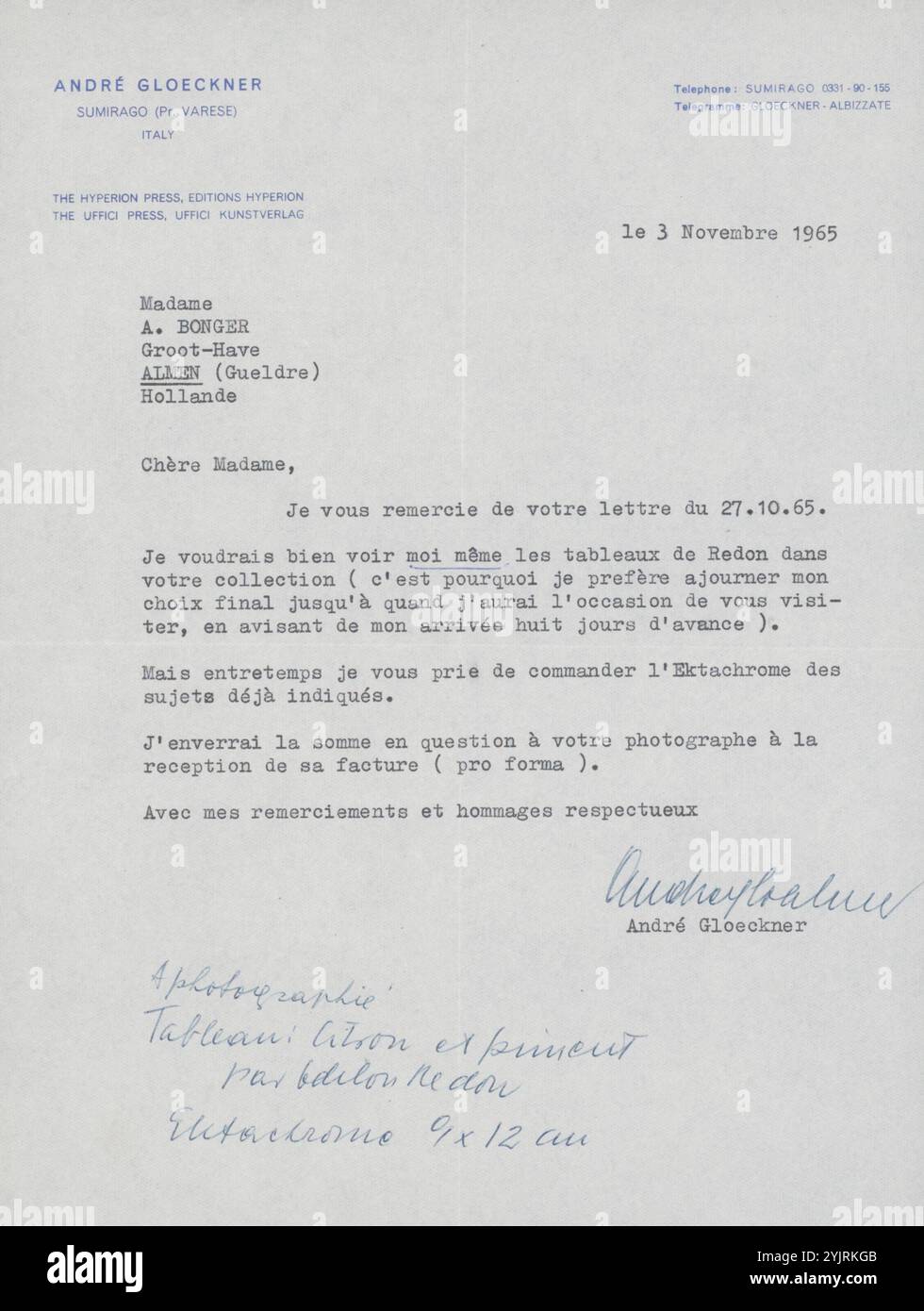 Letter to Françoise W.M. Bonger, printed, writer: André Gloeckner ...