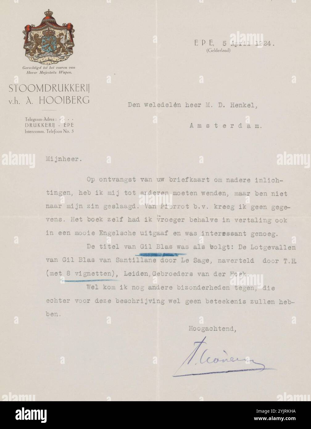 Letter to Max Dittmar Henkel, letter, writer: Drukkerij Hooiberg ...