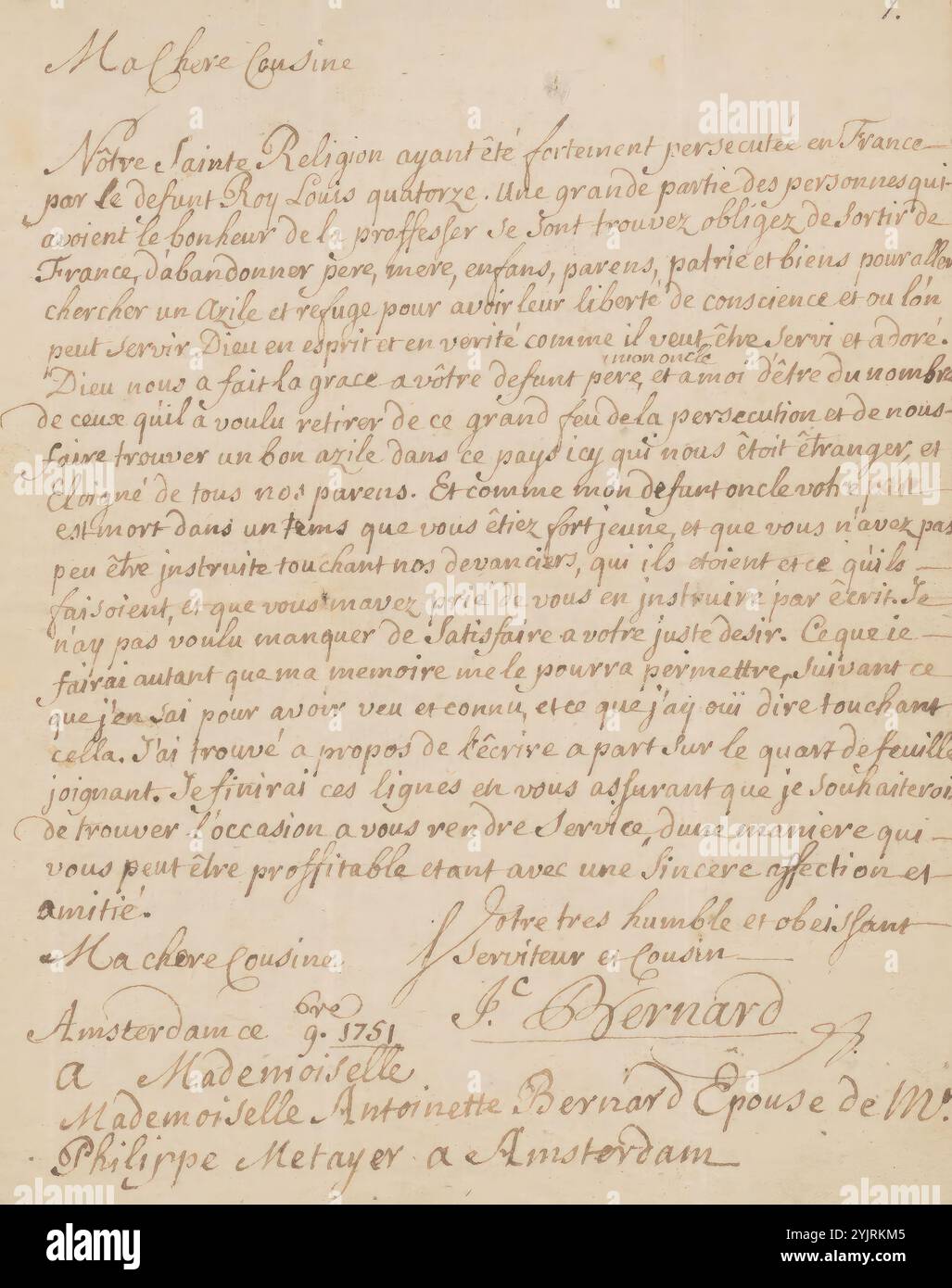 Letter to Antoinette Bernard, writer: Jean Bernard, Amsterdam, Nov-1751 ...