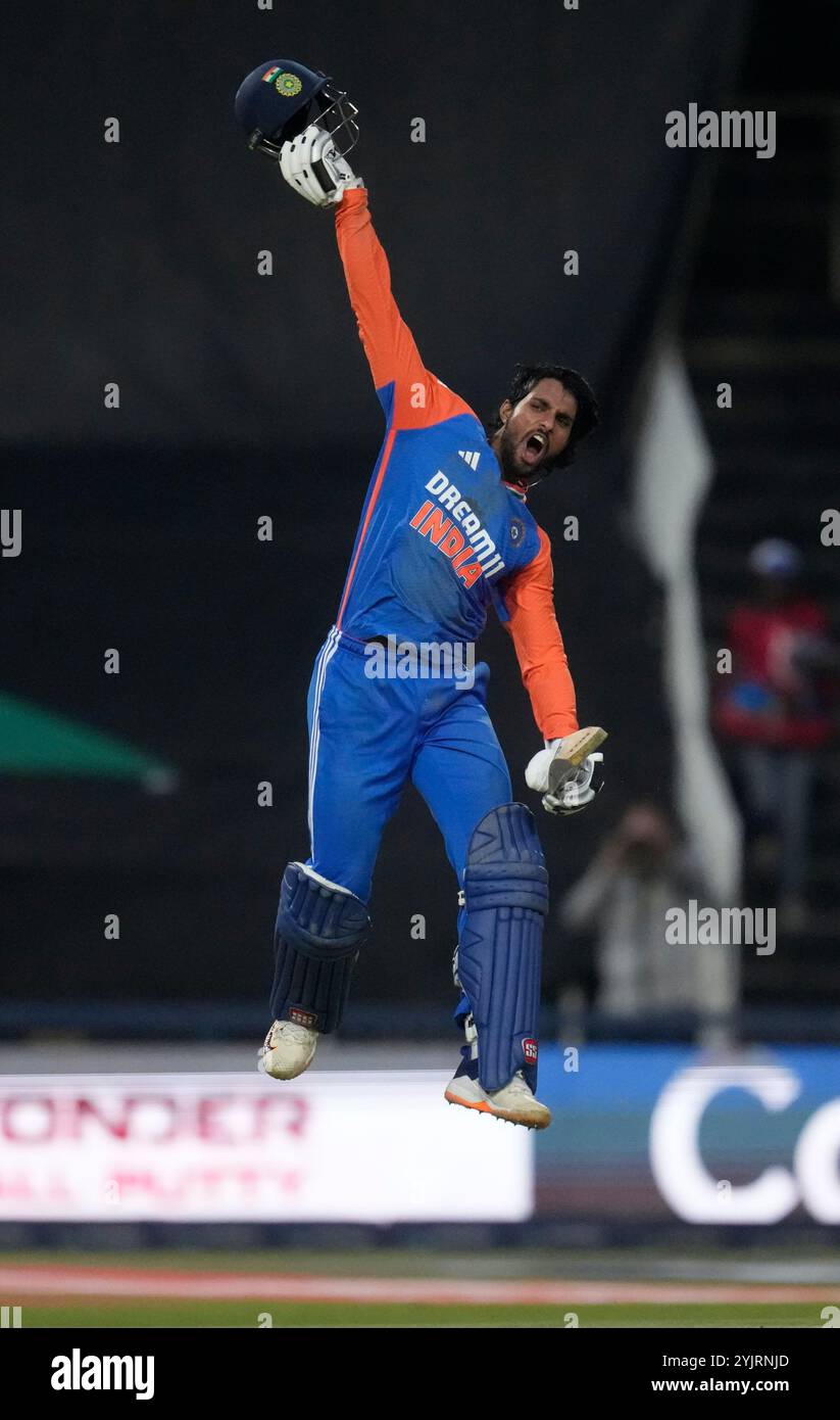 India's Tilak Varma celebrates after scoring a century during the ...
