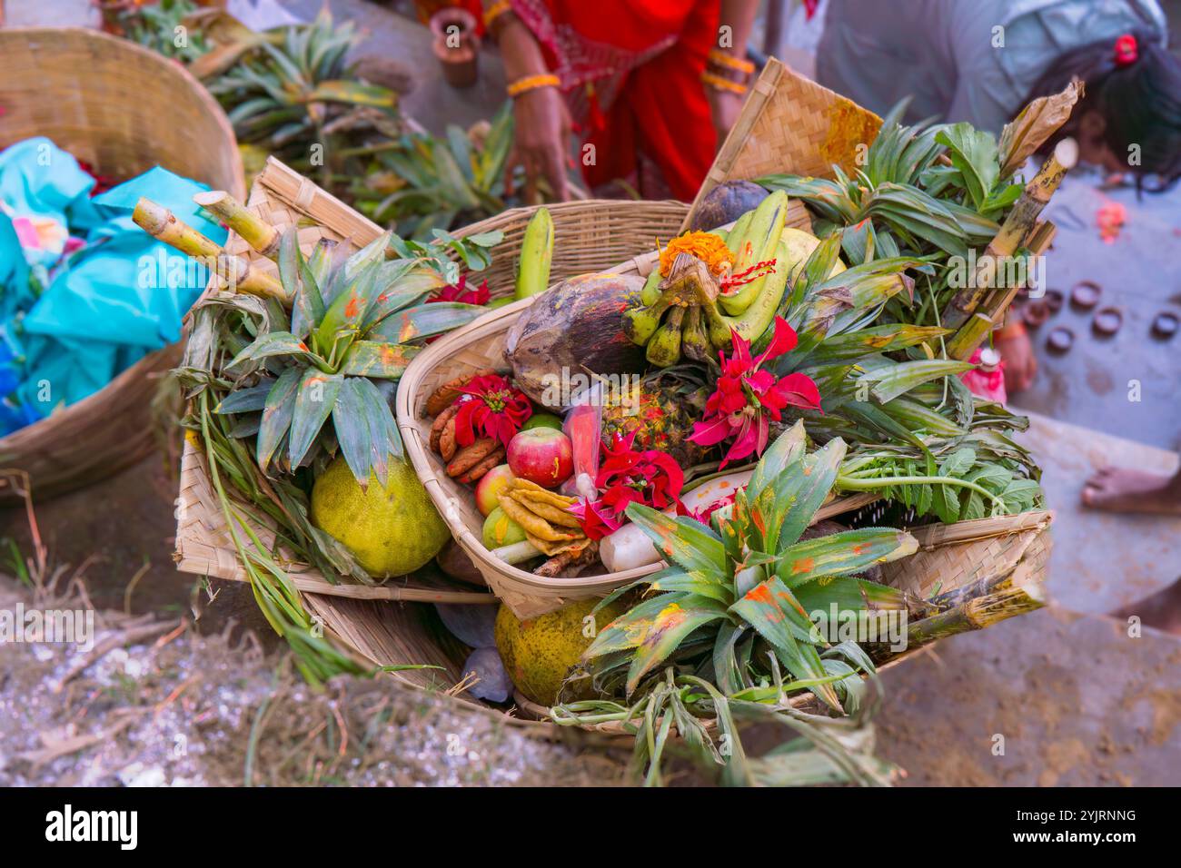 Chhath Puja Parwa Sun God Celebration with Fruits, Lights and Lamps in ...