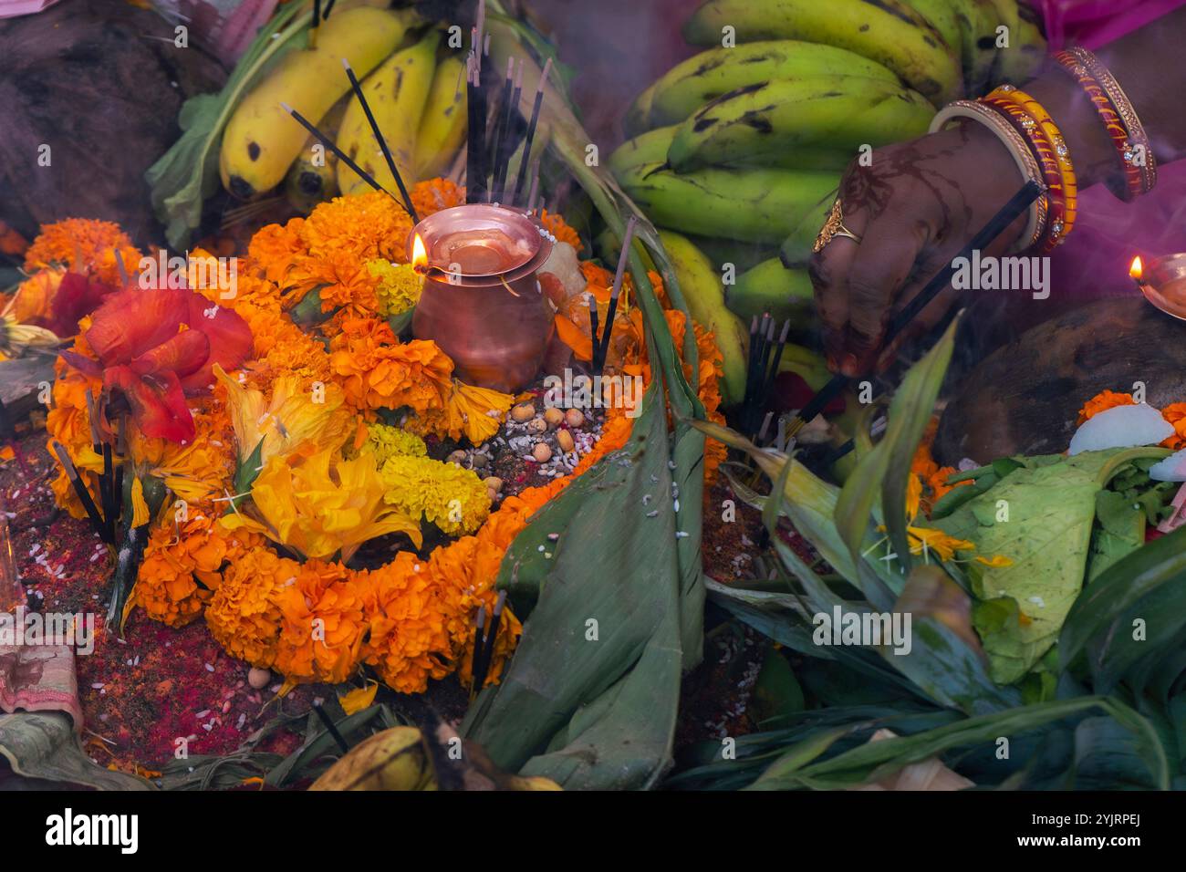 Chhath Puja Parwa Sun God Celebration with Fruits, Lights and Lamps in ...