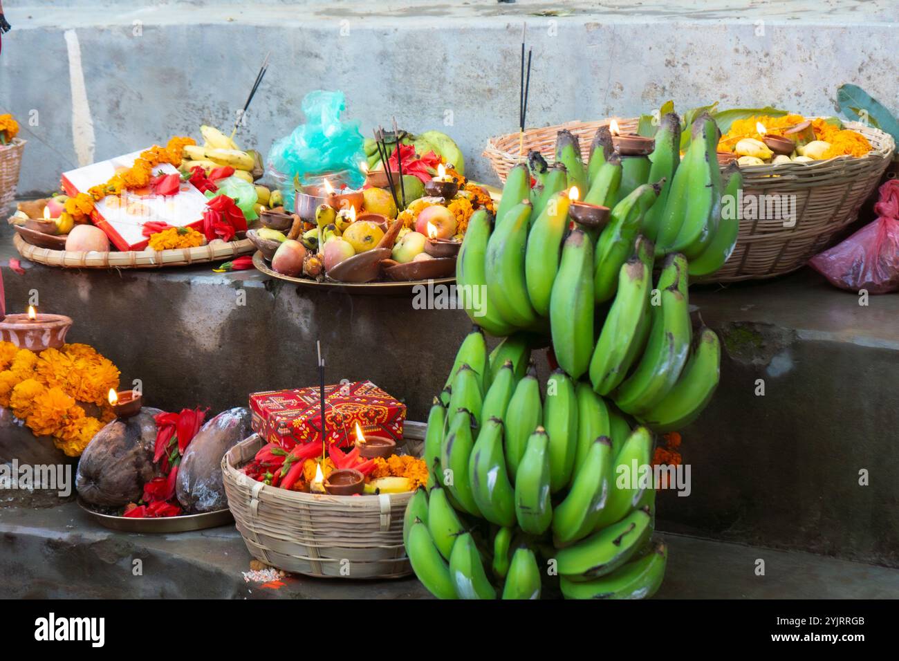 Chhath Puja Parwa Sun God Celebration with Fruits, Lights and Lamps in ...