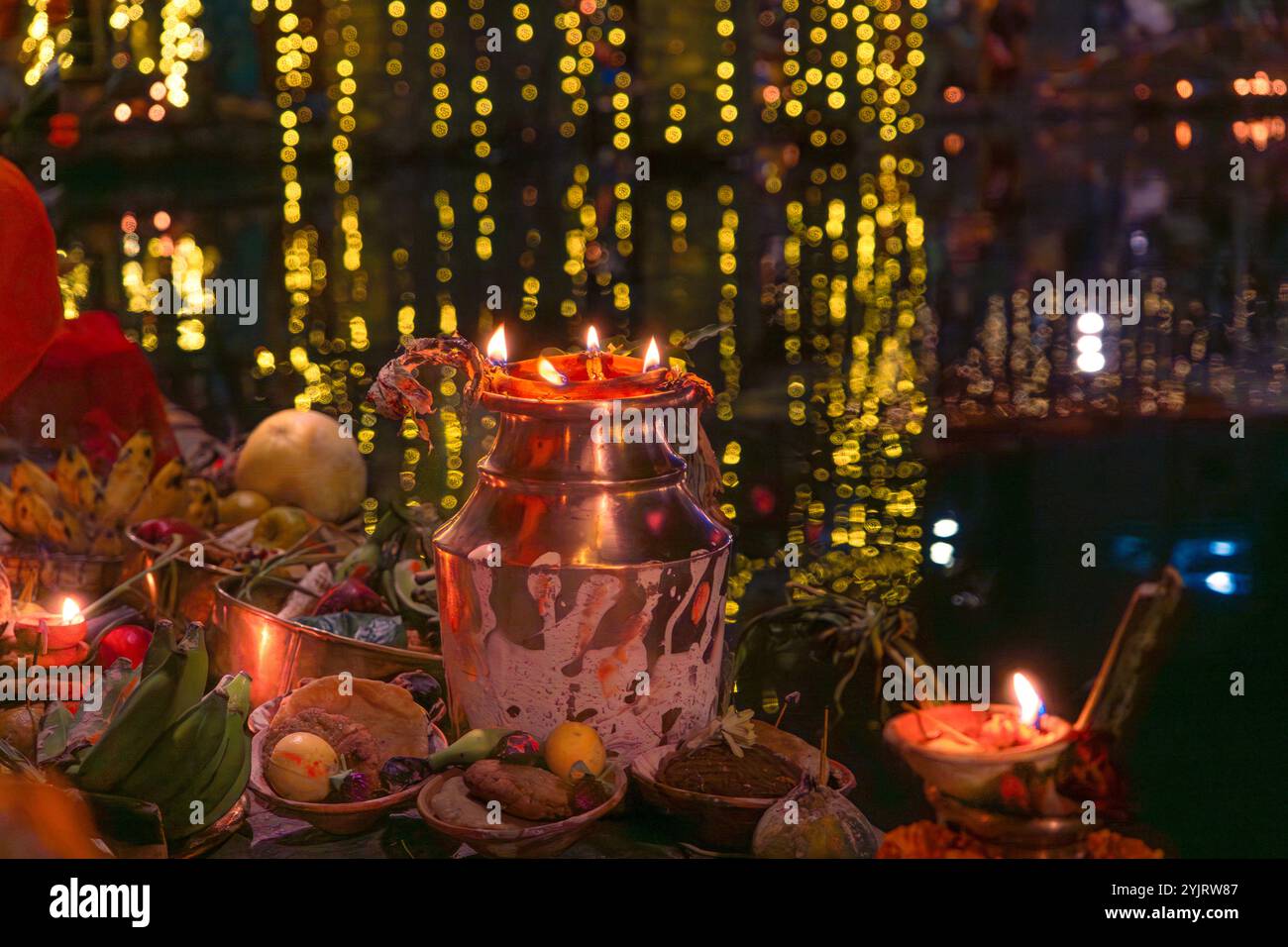Chhath Puja Parwa Sun God Celebration with Fruits, Lights and Lamps in ...