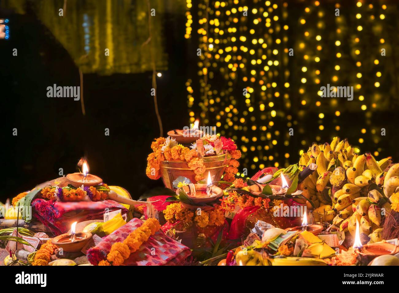 Chhath Puja Parwa Sun God Celebration with Fruits, Lights and Lamps in ...