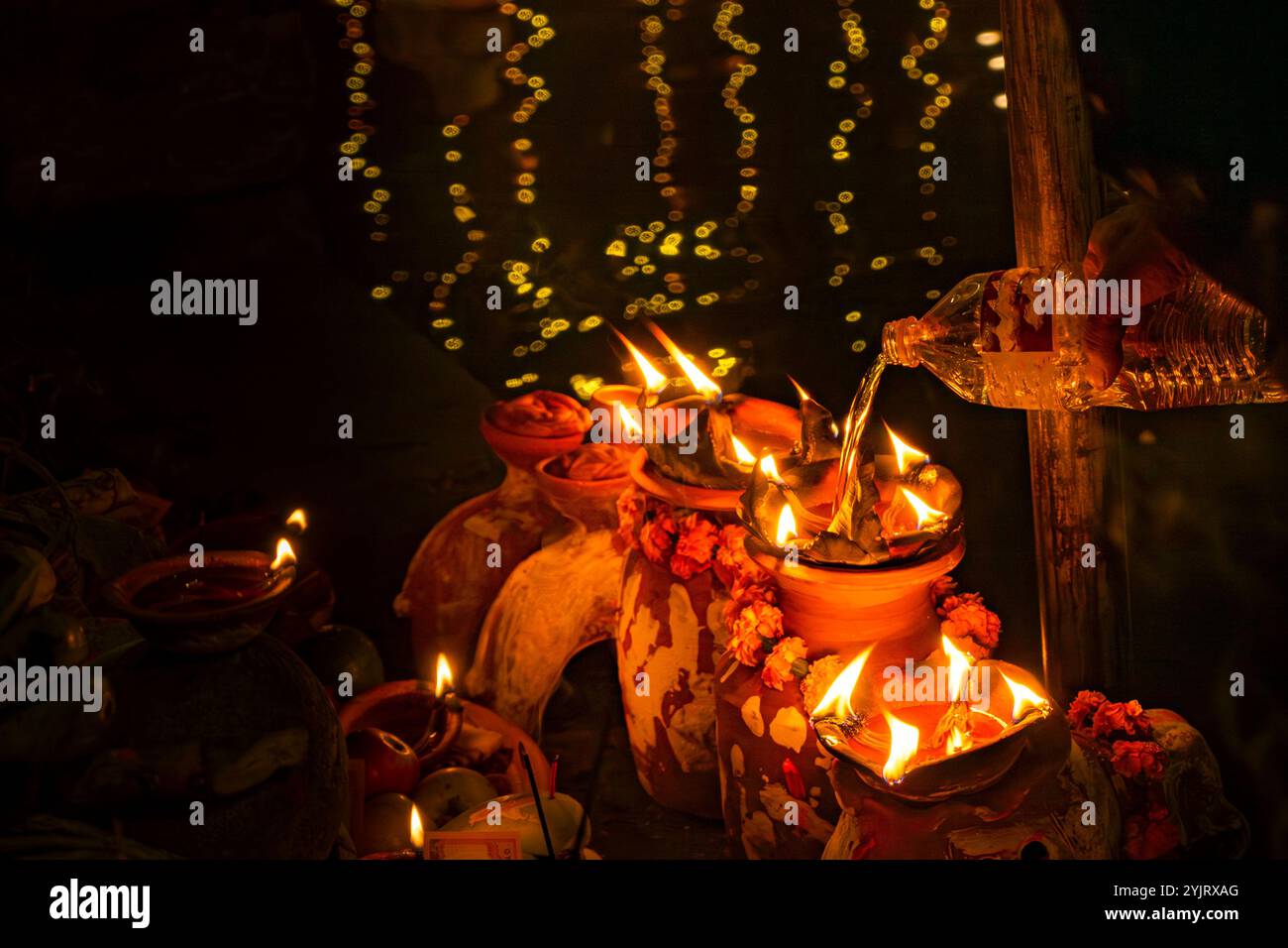 Chhath Puja Parwa Sun God Celebration with Fruits, Lights and Lamps in ...