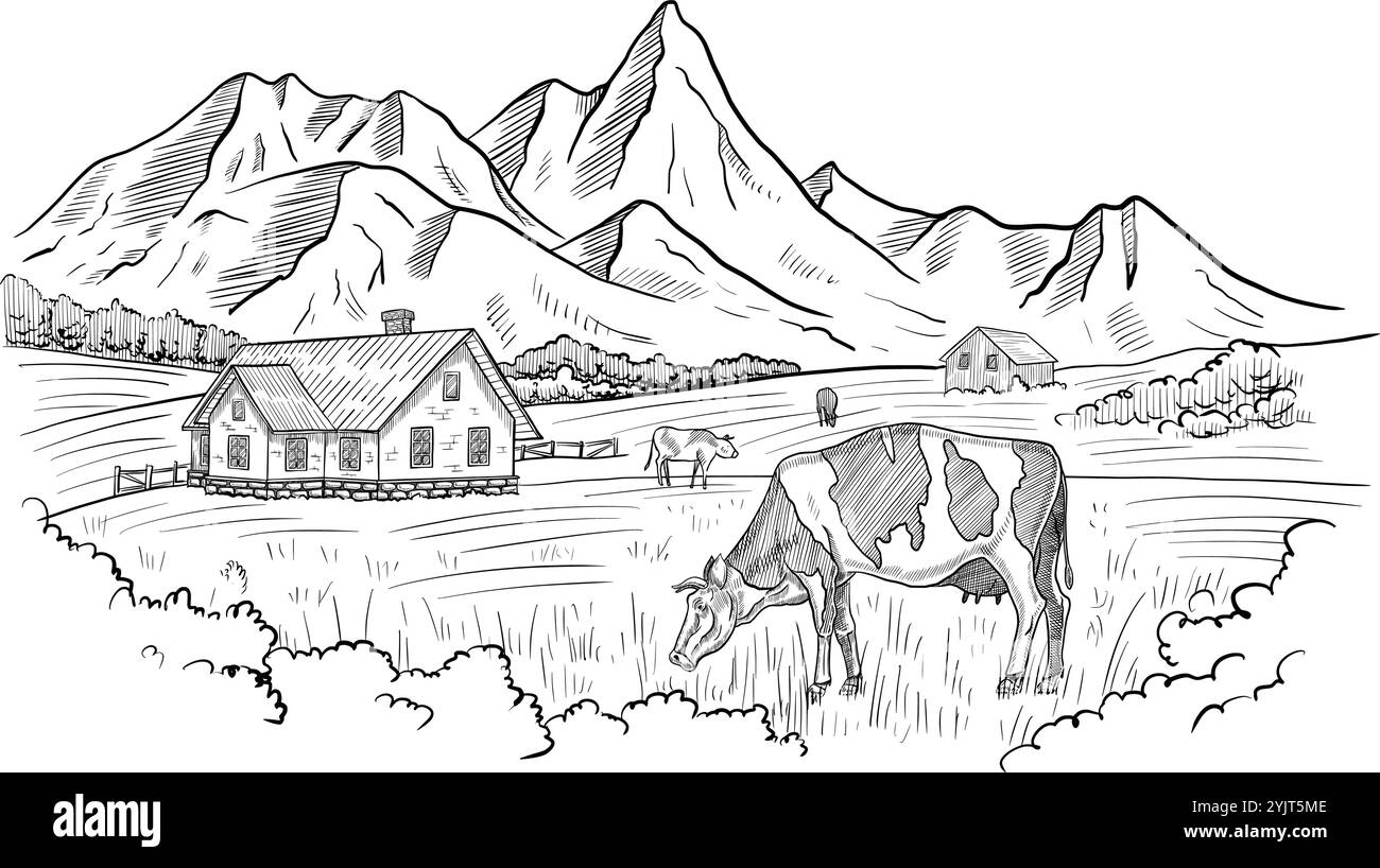 Farm Landscape Illustration with Mountains, Cows, and Cottage in ...