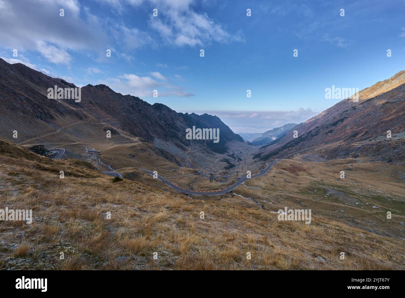 Wide angle landscape shot of Transfagarasan highway road in Romania, in ...