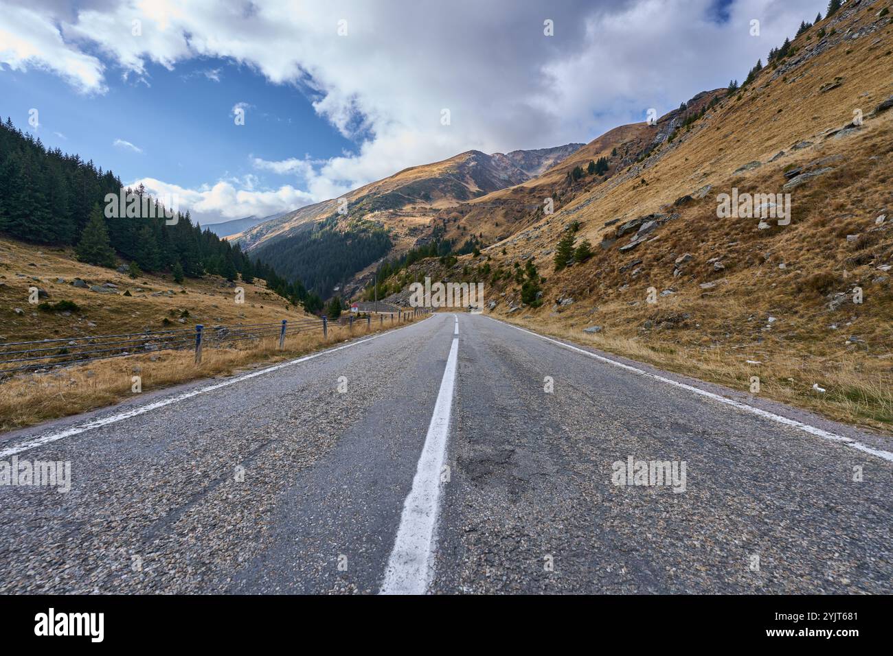Wide angle landscape shot of Transfagarasan highway road in Romania, in ...