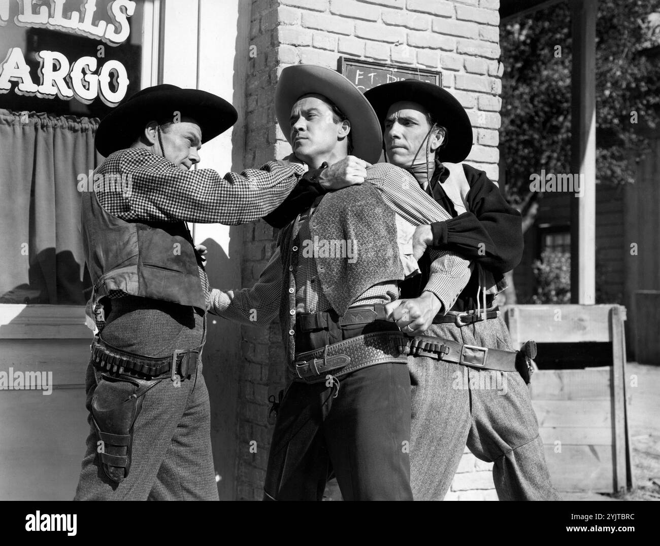 Kirby Grant (left), Fuzzy Knight (right), on-set of the western film ...