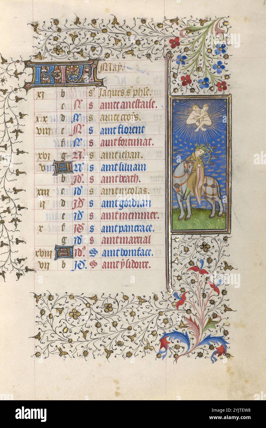 A Horseman carrying flowers; Gemini; calendar page, Book of Hours ...