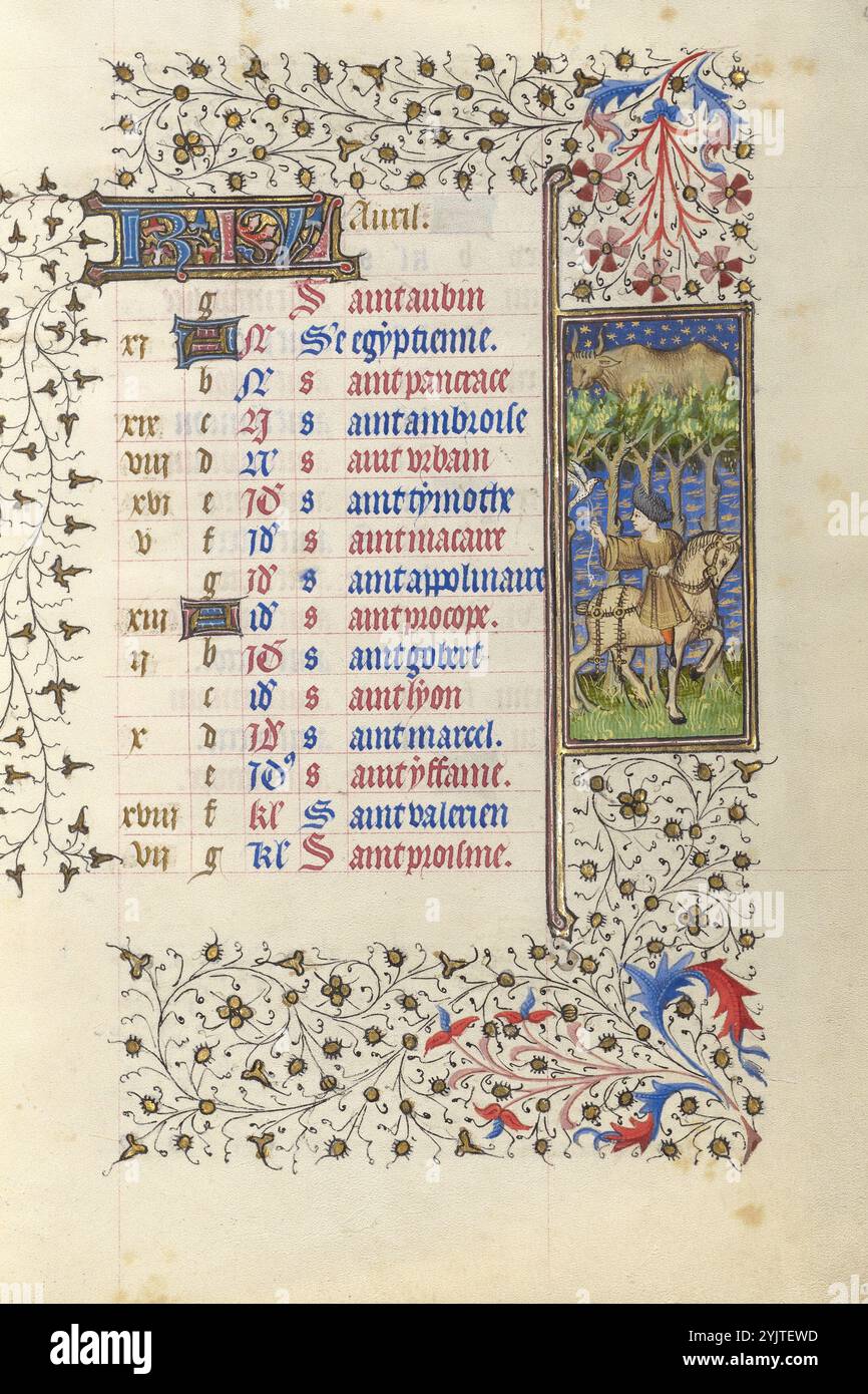 A Man Hawking; Taurus; calendar page, Book of Hours, about 1415-1420 ...