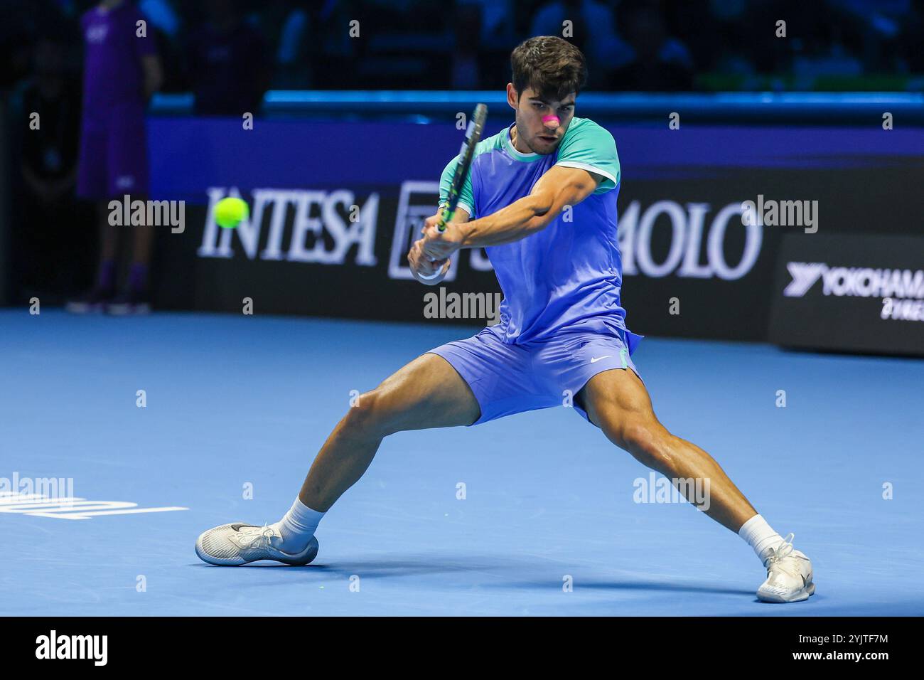 Carlos Alcaraz of Spain seen in actions during Men's Singles Group Stage match against Alexander ...