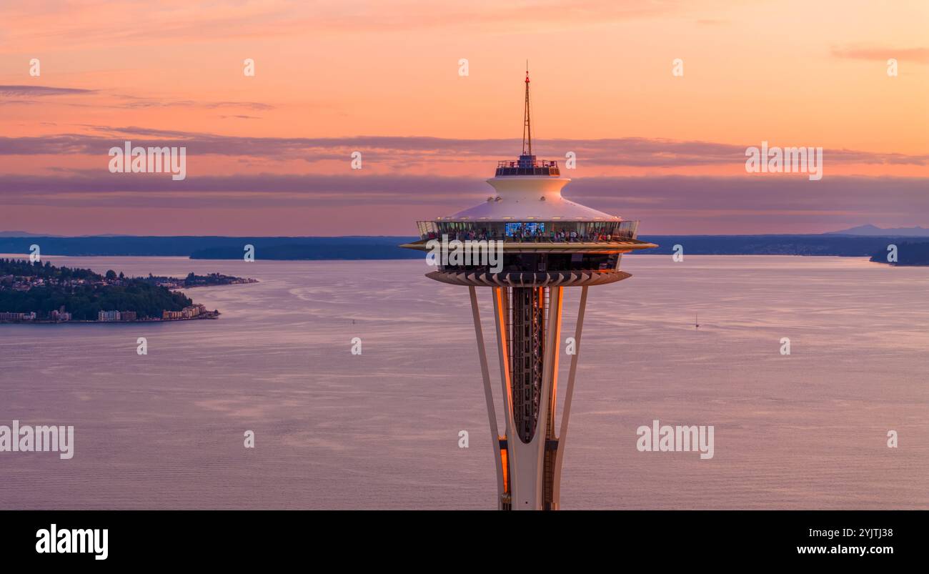 Aerial Seattle Space Needle Closeup at Sunset Stock Photo - Alamy