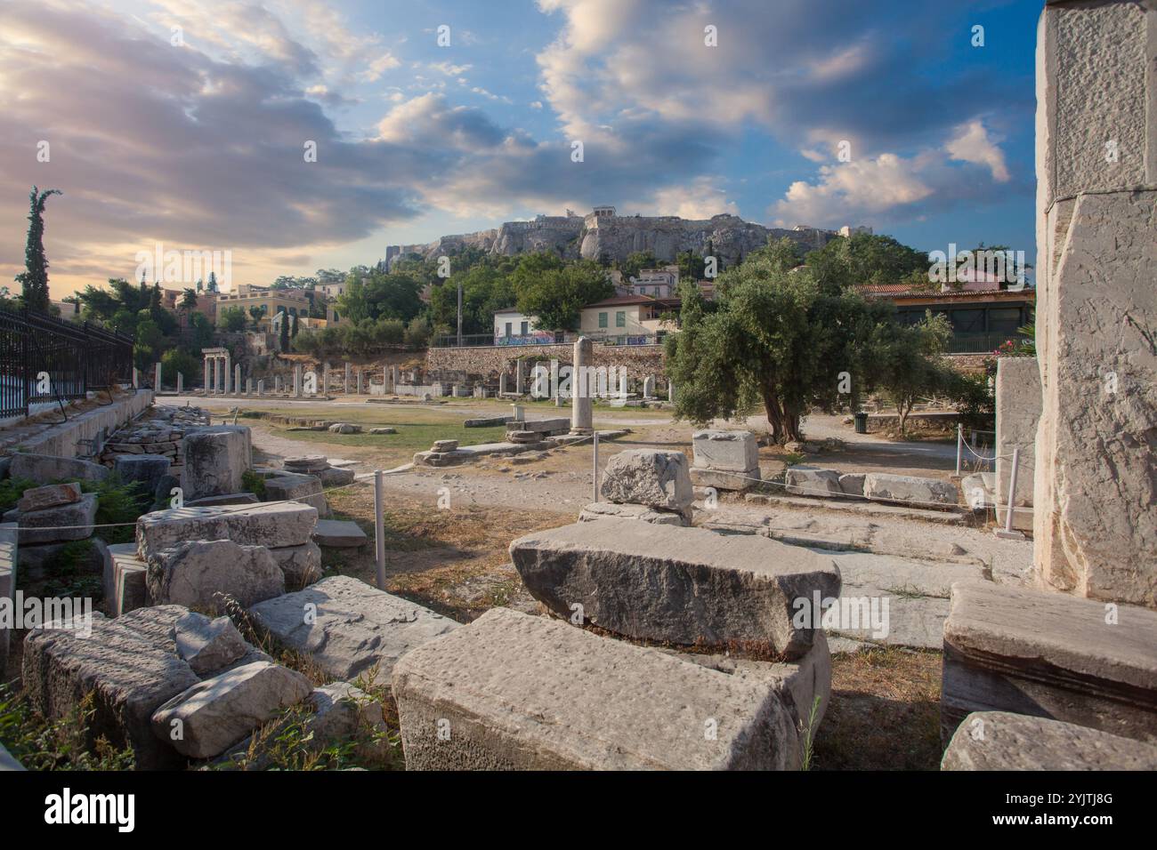 Ancient Roman Agora and Acropolis under sunset sky cloud in Athens ...