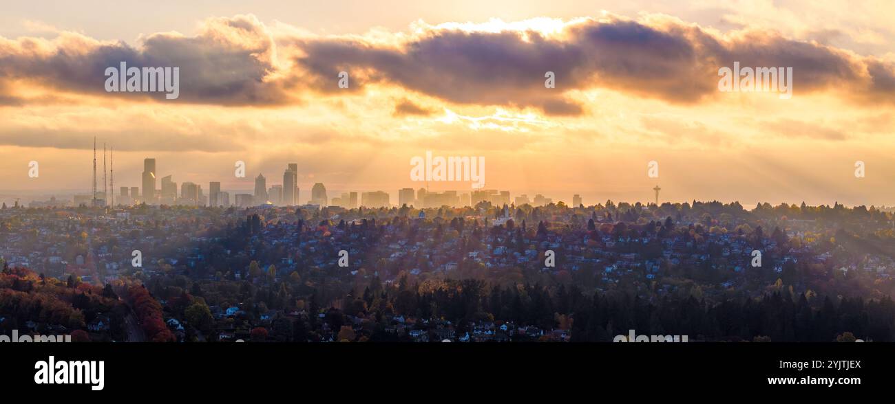 Aerial Seattle Skyline and Capitol Hill Sunset Sunrays Stock Photo - Alamy