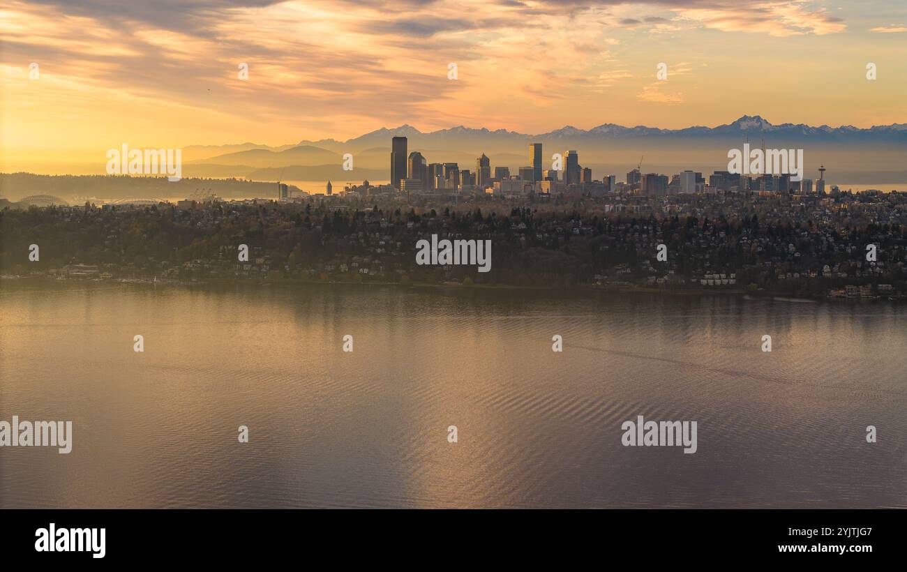 Aerial Seattle Skyline and Capitol Hill from Over Lake Washington Stock ...