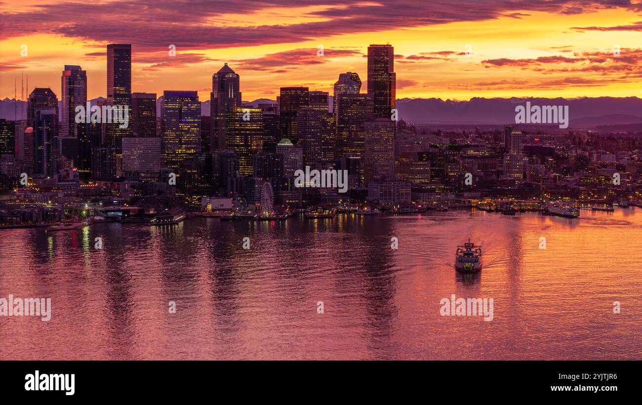 Aerial Seattle Waterfront Skyline and Ferry at Dawn Stock Photo - Alamy