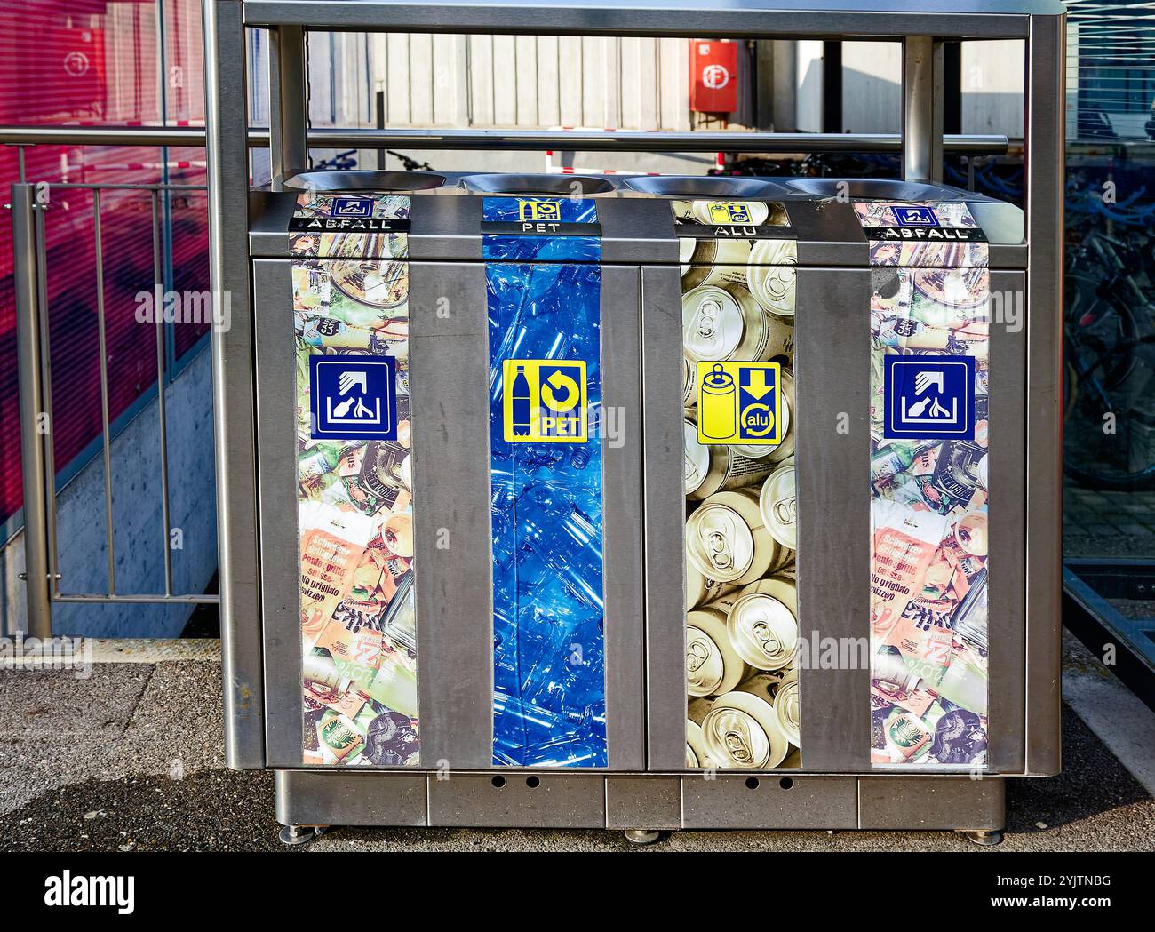 recycle stand, metal, 4 bins, labeled, outdoors, green environmentalism ...