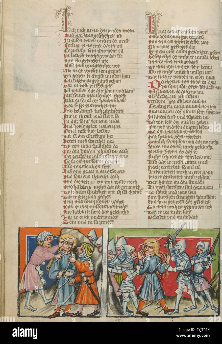 Samson being Bound: Samson Breaking the Ropes; Weltchronik, about 1400 ...