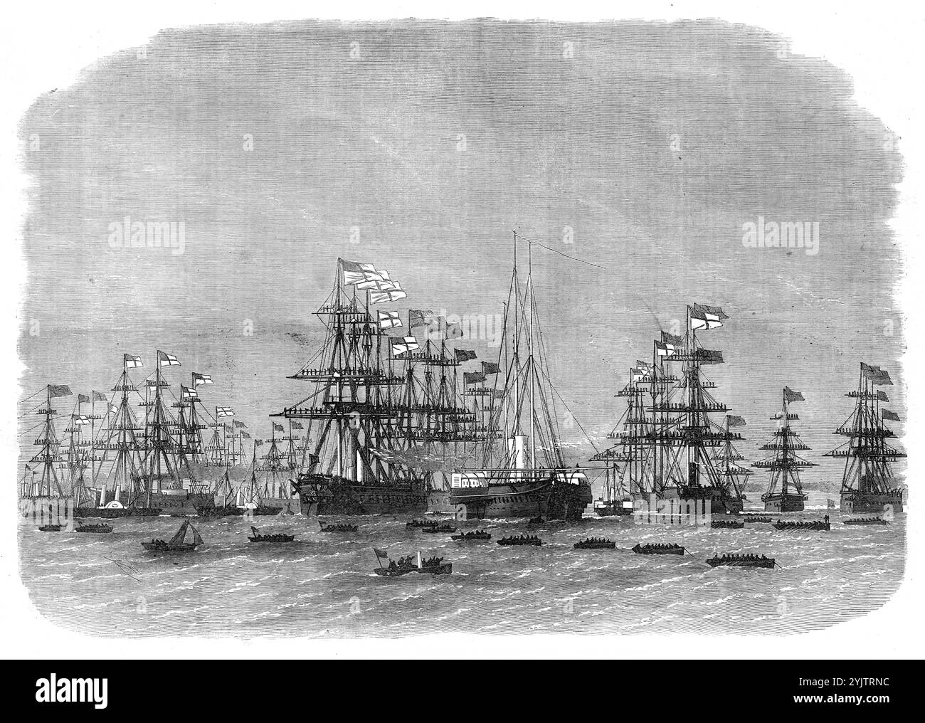 The fleet of ironclads at Portland Harbour, 1872. Engraving from a ...