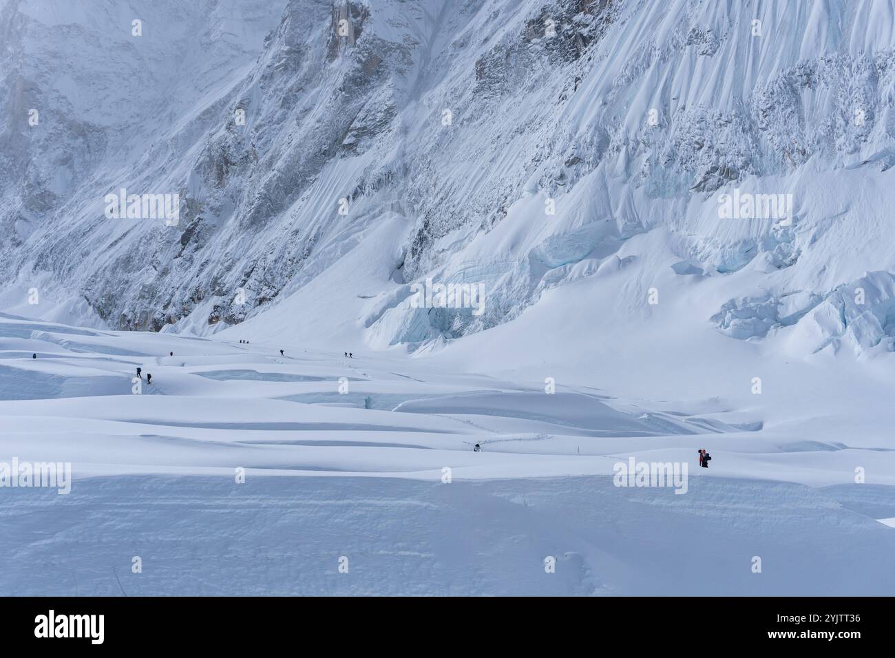 Climbers on a route from Camp 1 to Camp 2 in Western Cwn, on Everest ...