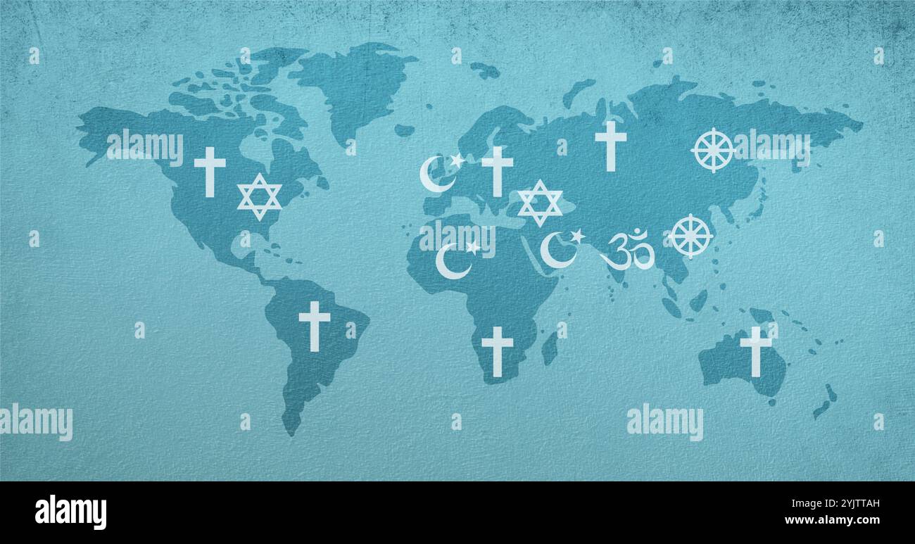World religion day, world map with symbols of different religious ...