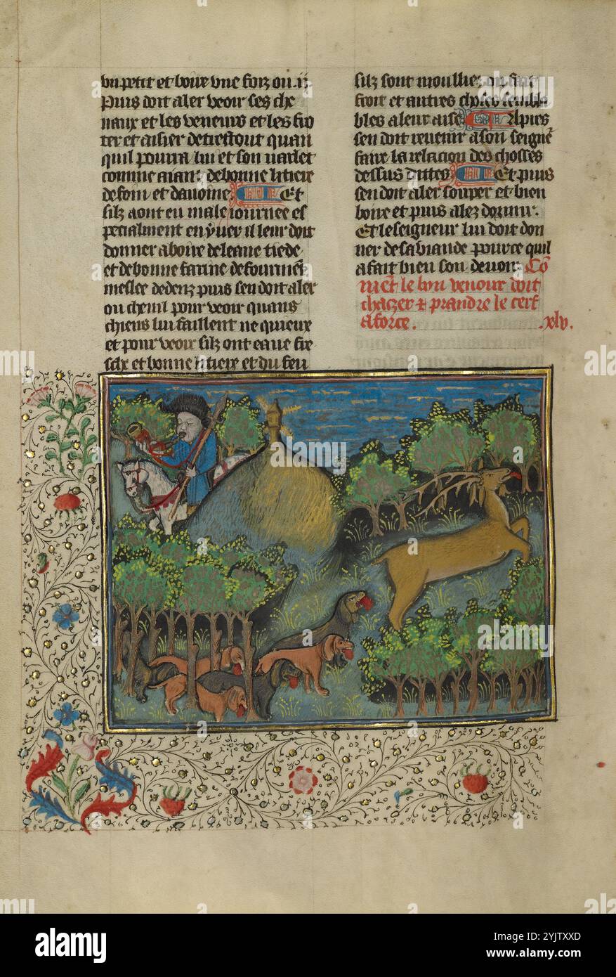 A Hunter and Dogs Pursuing a Stag; Livre de la Chasse, about 1430-1440 ...