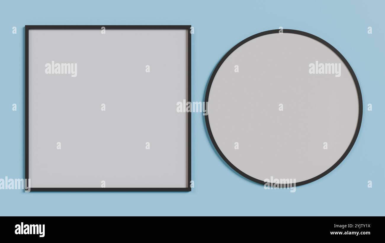 Two paintings on a blue wall, one square and the other oval. Minimalist ...